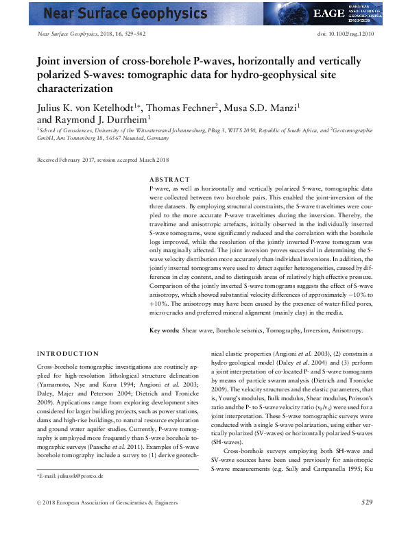 (PDF) Joint inversion of cross-borehole P-waves, horizontally and ...