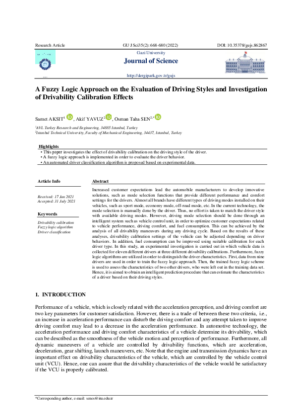 (PDF) A Fuzzy Logic Approach on the Evaluation of Driving Styles and ...