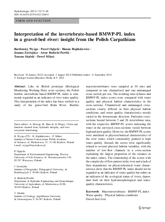 (PDF) Interpretation of the invertebrate-based BMWP-PL index in a ...
