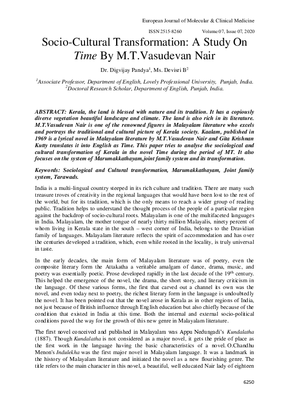(PDF) Socio-Cultural Transformation: A Study On Time By M.T.Vasudevan Nair