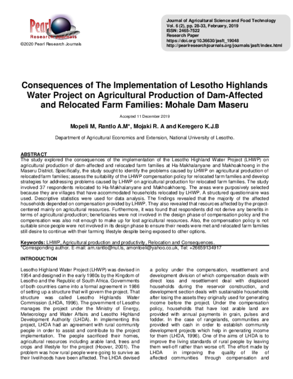 (PDF) Consequences of The Implementation of Lesotho Highlands Water ...