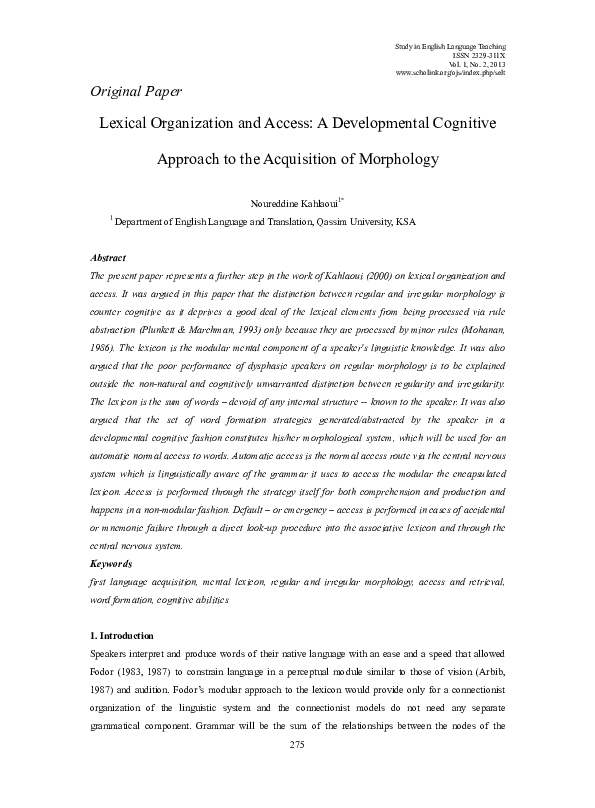 (PDF) Cognitive Approach to Morphology Acquisition and Lexical Access