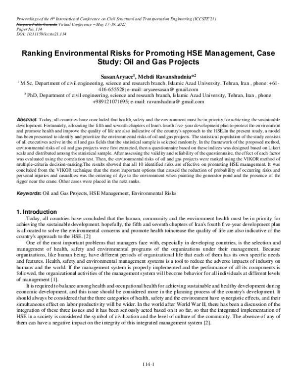 (PDF) Ranking Environmental Risks for Promoting HSE Management, Case ...