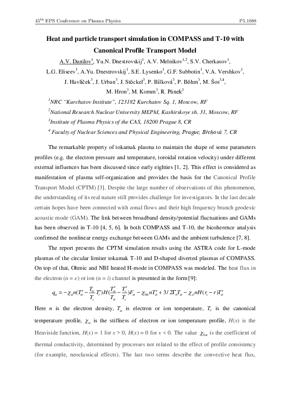 (PDF) Heat and particle transport simulation in COMPASS and T-10 with ...