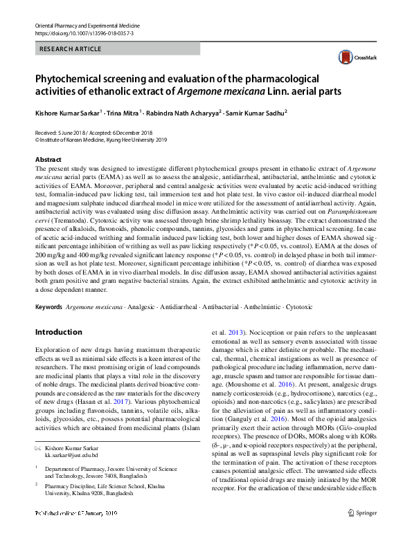 (PDF) Phytochemical screening and evaluation of the pharmacological activities of ethanolic ...