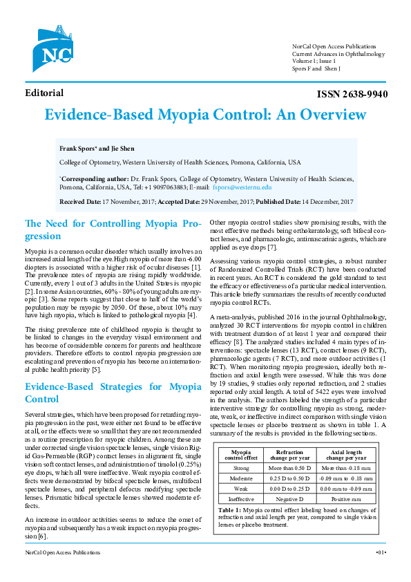(PDF) Evidence-Based Myopia Control: An Overview