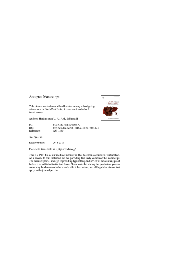 Pdf Assessment Of Mental Health Status Among School Going Adolescents In North East India A