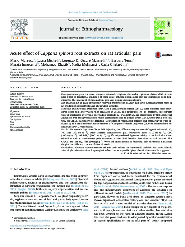 (PDF) Acute effect of Capparis spinosa root extracts on rat articular pain