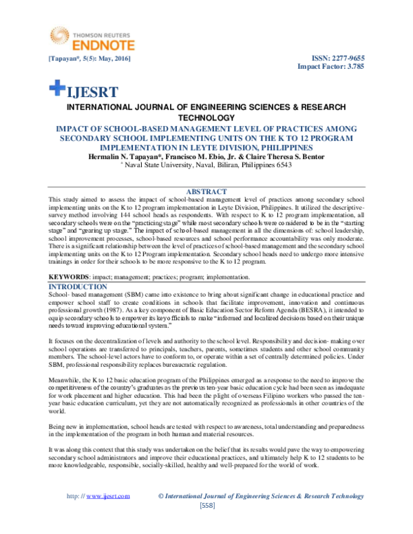 (PDF) Impact Of School-Based Management Level Of Practices Among ...