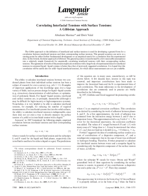 (PDF) Correlating Interfacial Tensions with Surface Tensions: A ...