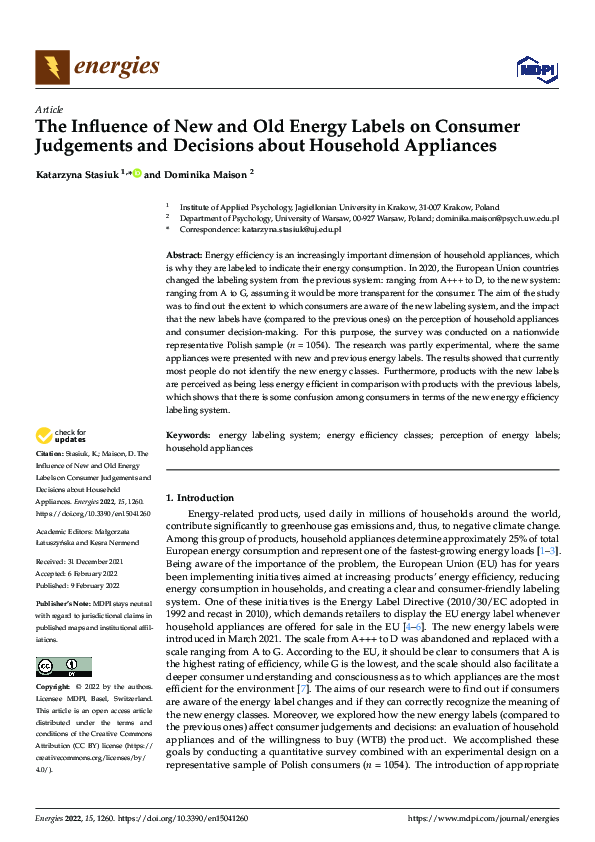 (PDF) The Influence of New and Old Energy Labels on Consumer Judgements ...