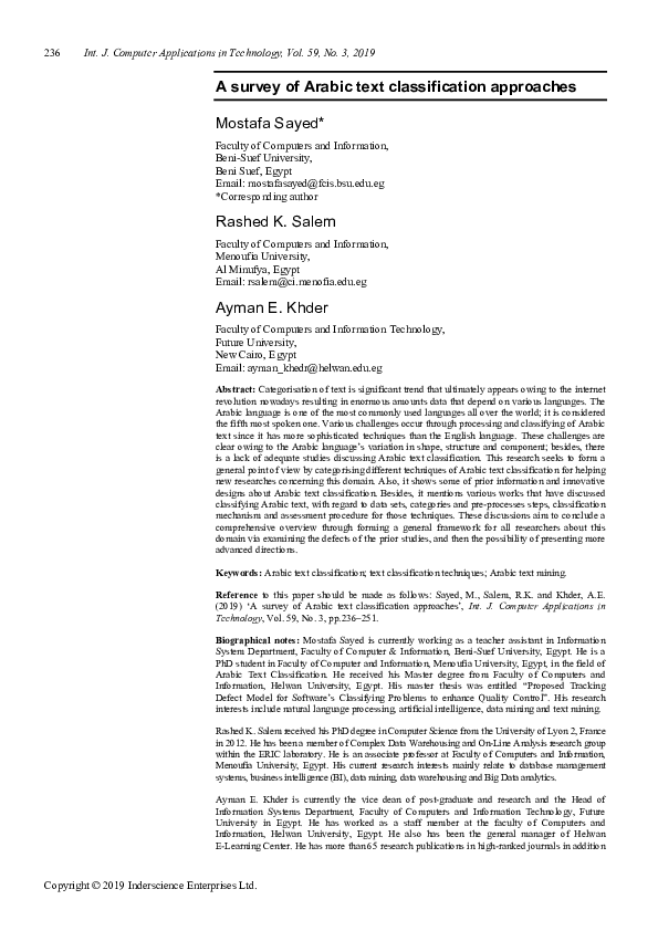 Pdf A Survey Of Arabic Text Classification Approaches
