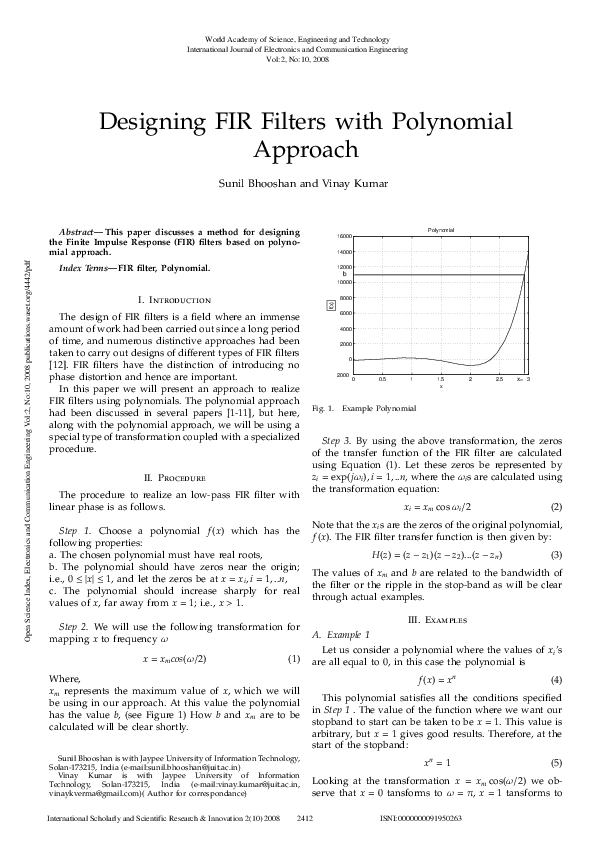 (PDF) Designing Fir Filters With Polynomial Approach