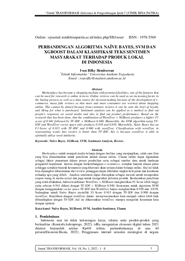 (PDF) Perbandingan Algoritma Naïve Bayes, SVM Dan Xgboost Dalam Klasifikasi Teks Sentimen ...