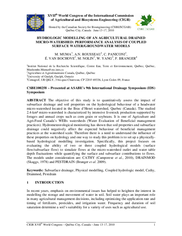 (PDF) Hydrologic Modelling of an Agricultural Drained Micro-Watershed: Performance Analysis of ...