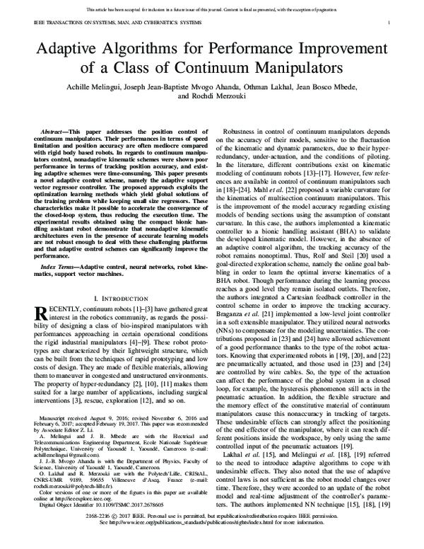 (PDF) Adaptive Algorithms for Performance Improvement of a Class of Continuum Manipulators