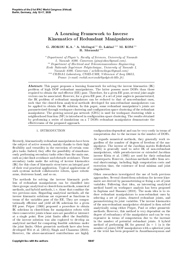 (PDF) A Learning Framework to Inverse Kinematics of Redundant Manipulators
