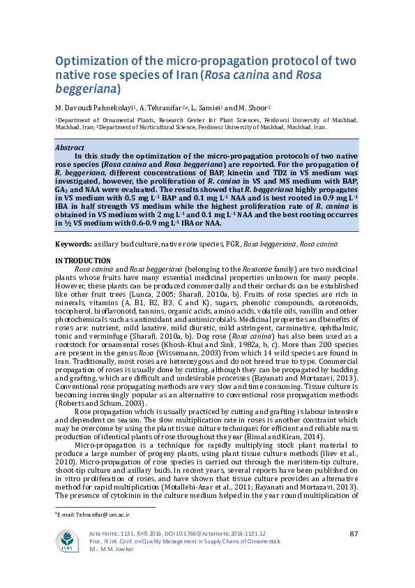 (PDF) Optimization of the micro-propagation protocol of two native rose ...