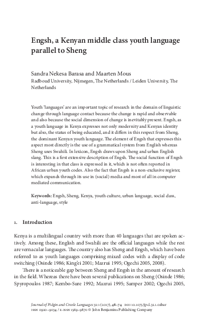 (PDF) Engsh, a Kenyan middle class youth language parallel to Sheng