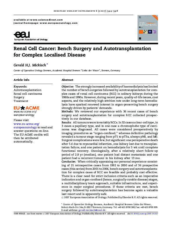 (PDF) Renal Cell Cancer: Bench Surgery and Autotransplantation for ...
