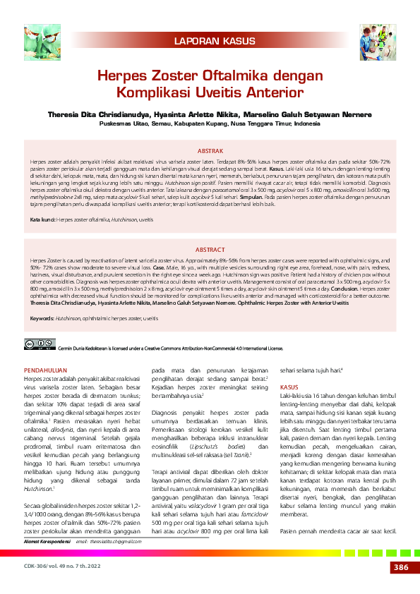 (PDF) Herpes Zoster Oftalmika dengan Komplikasi Uveitis Anterior ...