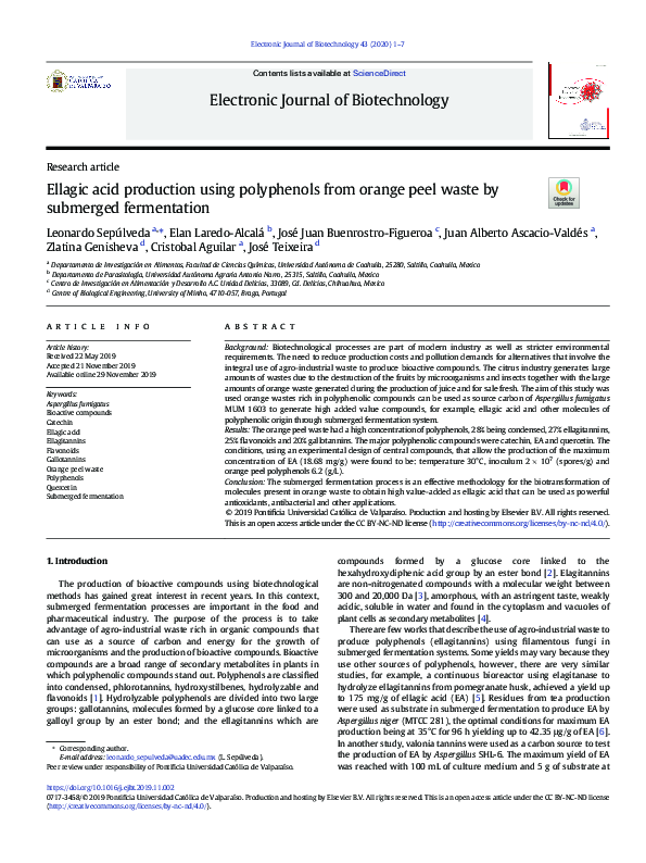(PDF) Ellagic acid production using polyphenols from orange peel waste by submerged fermentation