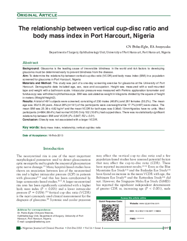 (PDF) The relationship between vertical cup-disc ratio and body mass index in Port Harcourt ...