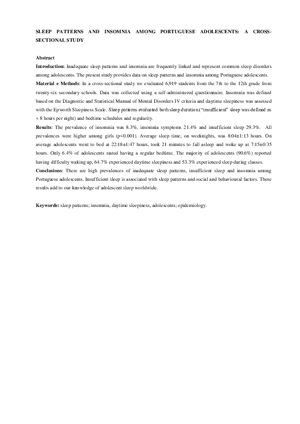 (PDF) Sleep patterns and insomnia among portuguese adolescents: a cross ...