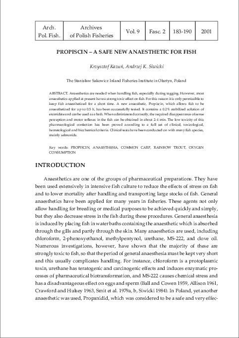 (PDF) Propiscin – a safe new anaesthetic for fish