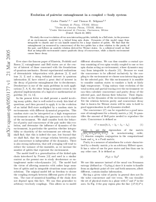 (PDF) Evolution of pairwise entanglement in a coupled n-body system