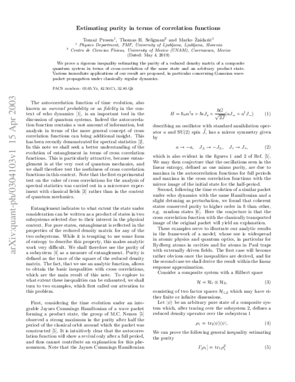 (PDF) Estimation of purity in terms of correlation functions