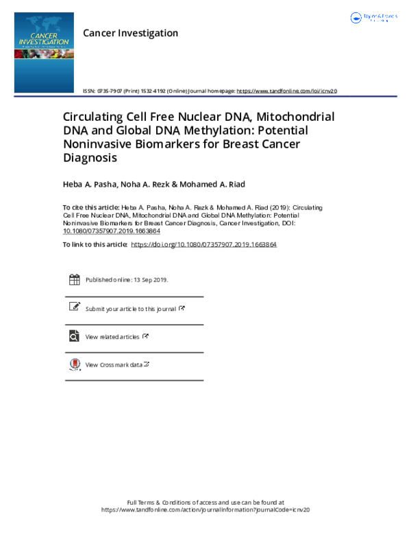 (PDF) Circulating Cell Free Nuclear DNA, Mitochondrial DNA and Global DNA Methylation: Potential ...