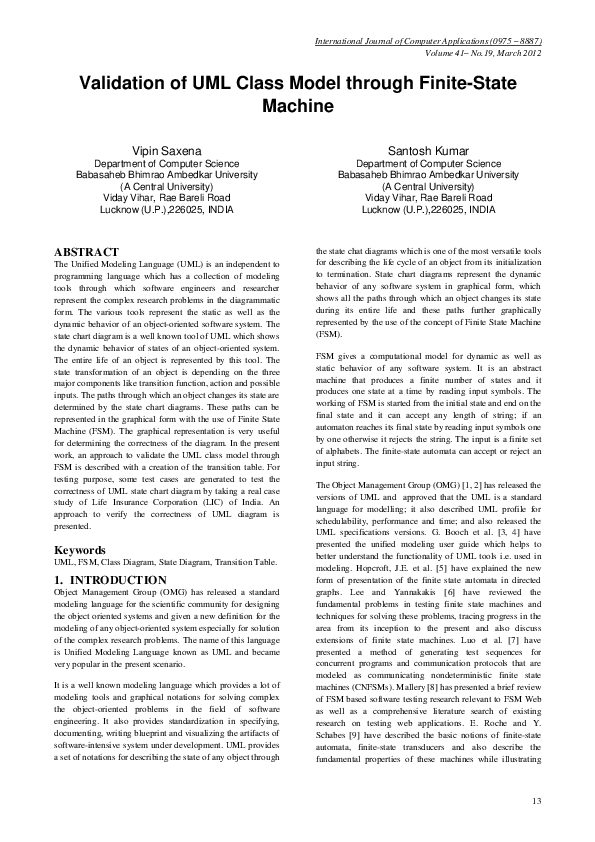 (PDF) Validation of UML Class Model through Finite-State Machine | VIPIN KUMAR SAXENA - Academia.edu
