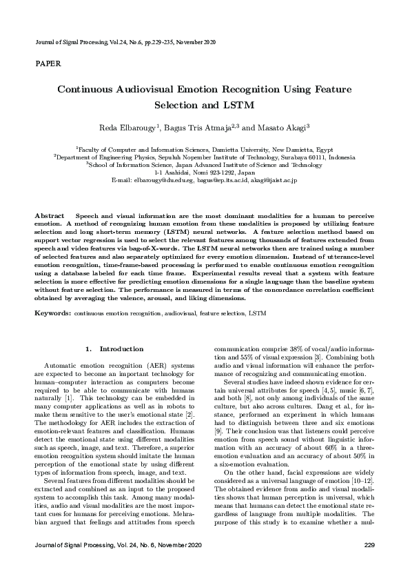 (PDF) Continuous Audiovisual Emotion Recognition Using Feature Selection and LSTM