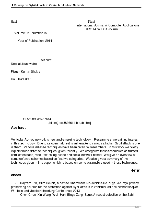 Pdf A Survey On Sybil Attack In Vehicular Ad Hoc Network