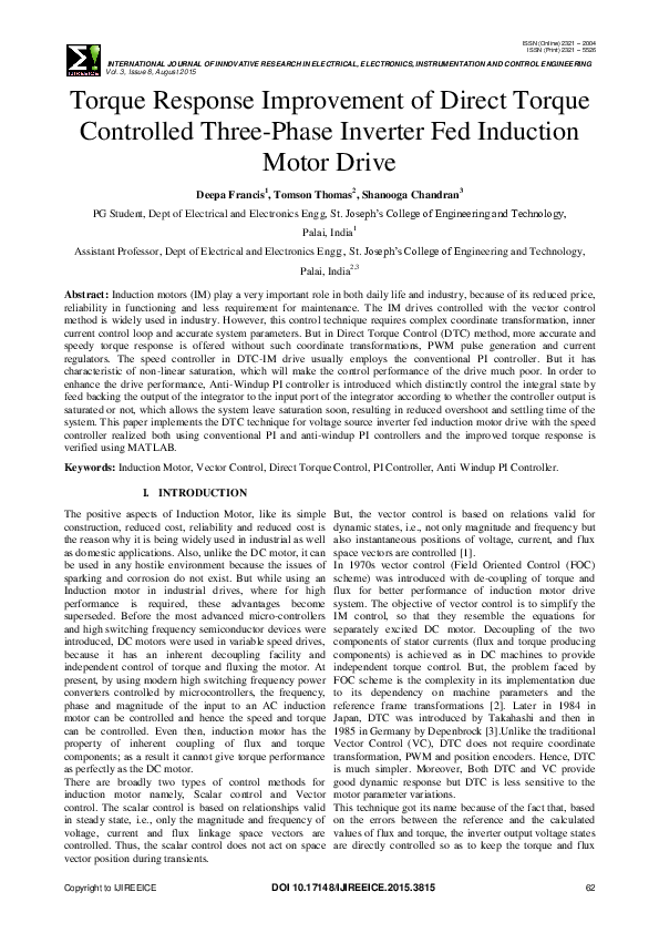 Pdf Torque Response Improvement Of Direct Torque Controlled Three