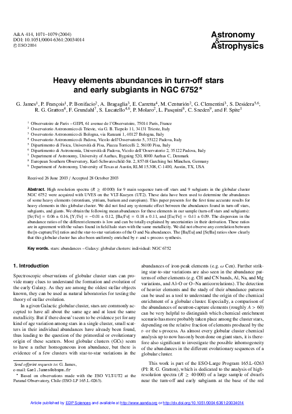 (PDF) Heavy Element Abundances in Stars of NGC 6752 Cluster