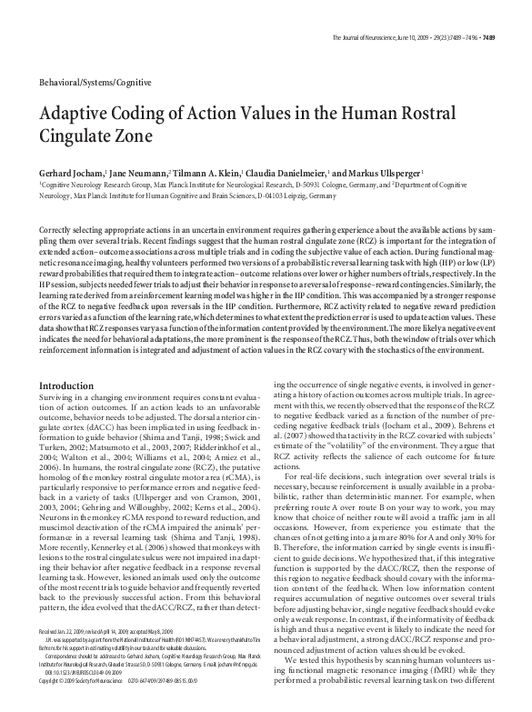 Pdf Rcz Action Value Coding In Uncertain Environments