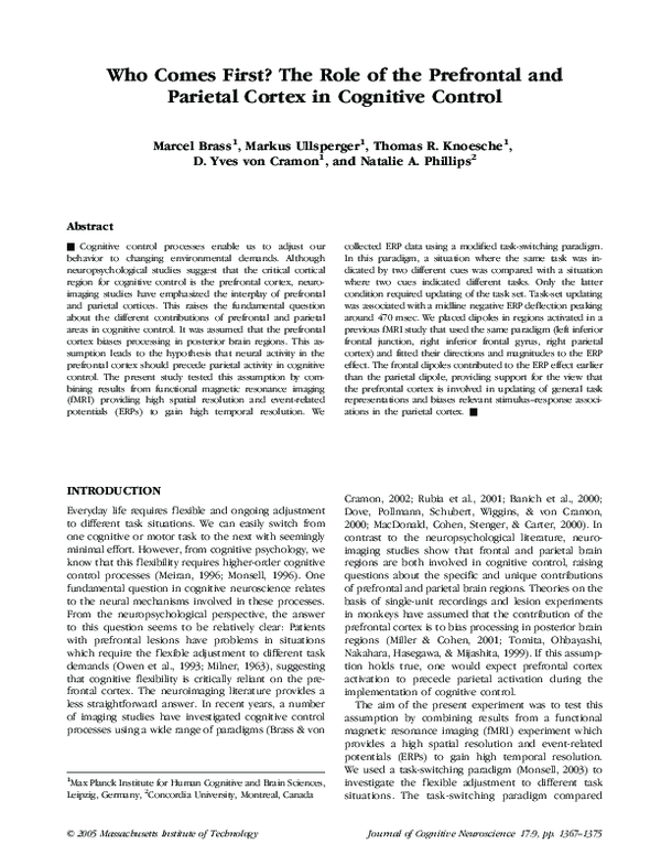 Pdf Who Comes First The Role Of The Prefrontal And Parietal Cortex In Cognitive Control
