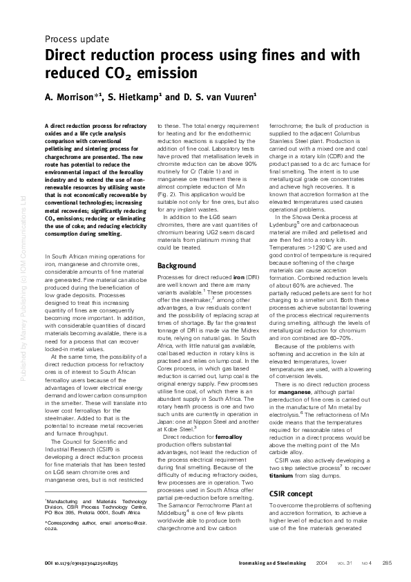 (PDF) Direct reduction process using fines and with reduced CO2emission