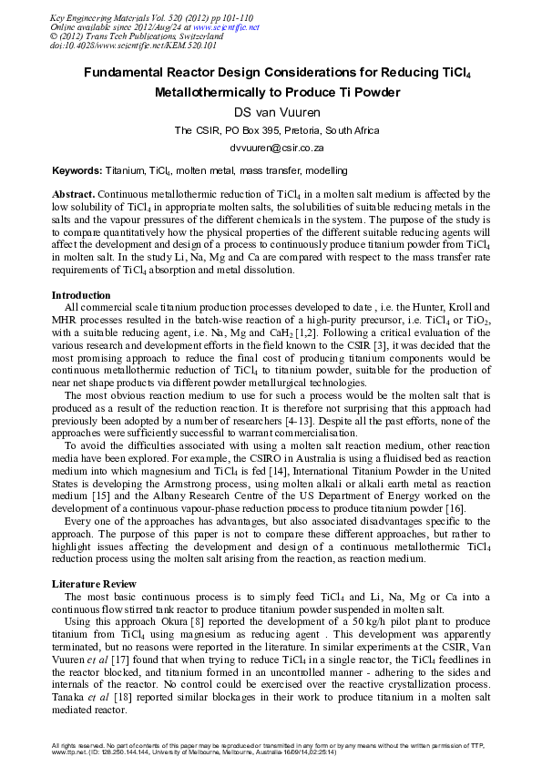 (PDF) Fundamental Reactor Design Considerations for Reducing TiCl 4 ...