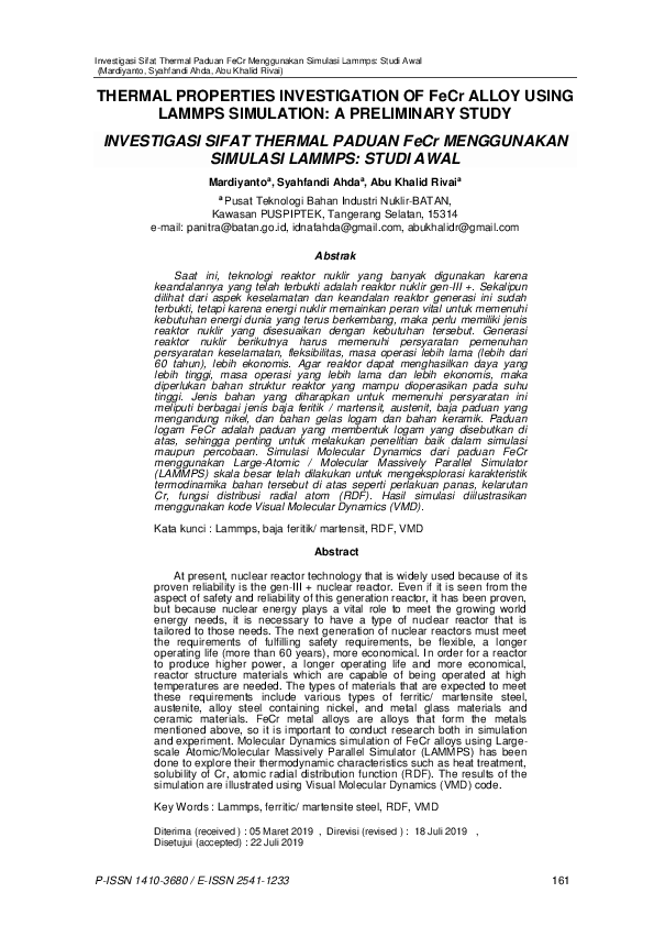 (PDF) Thermal Properties Investigation of FeCr Alloy Using Lammps Simulation: A Preliminary Study