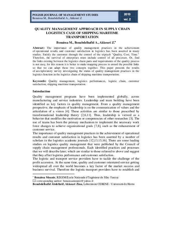 (PDF) Quality Management Approach in Supply Chain Logistics Case of Shipping Maritime Transportation