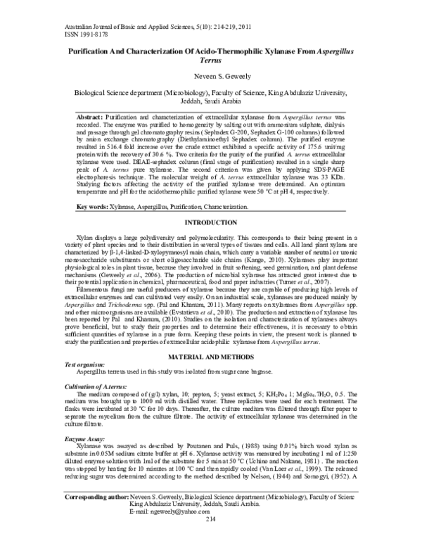 (PDF) Purification And Characterization Of Acido-Thermophilic Xylanase From Aspergillus Terrus ...