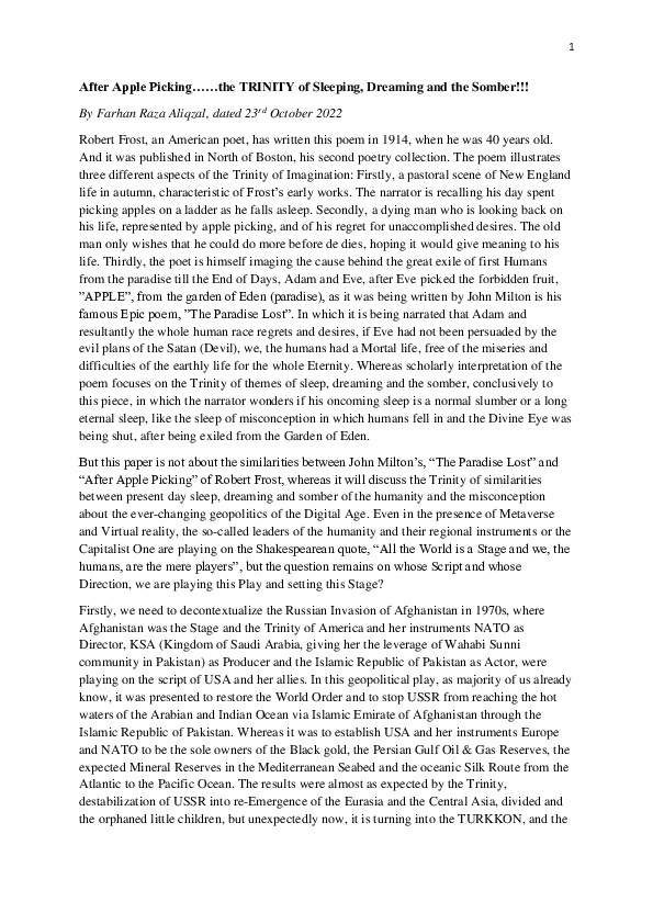 (PDF) After Apple Picking……the TRINITY of Sleeping, Dreaming and the Somber