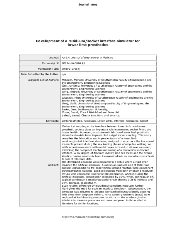 (PDF) Development of a residuum/socket interface simulator for lower limb prosthetics