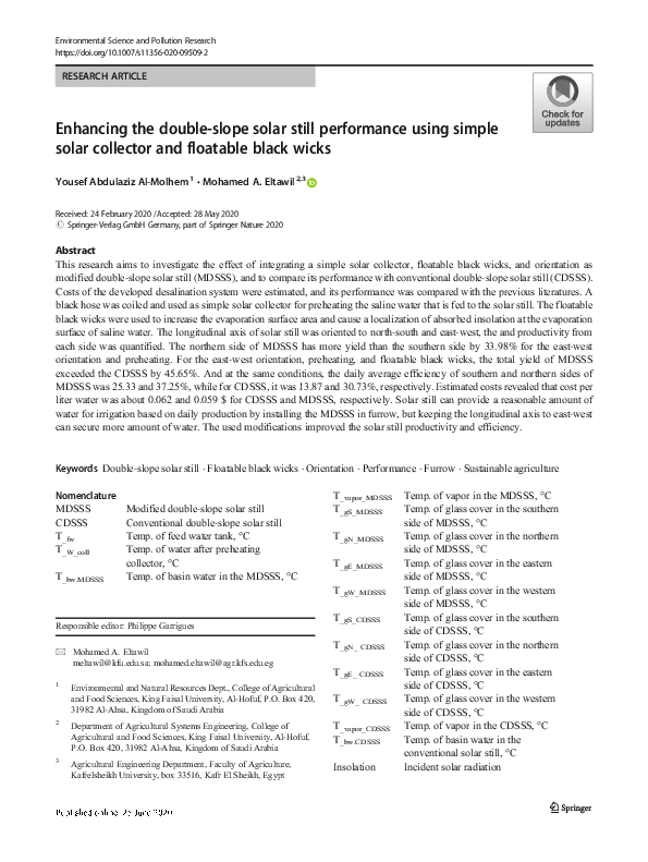 (PDF) Enhancing the double-slope solar still performance using simple ...