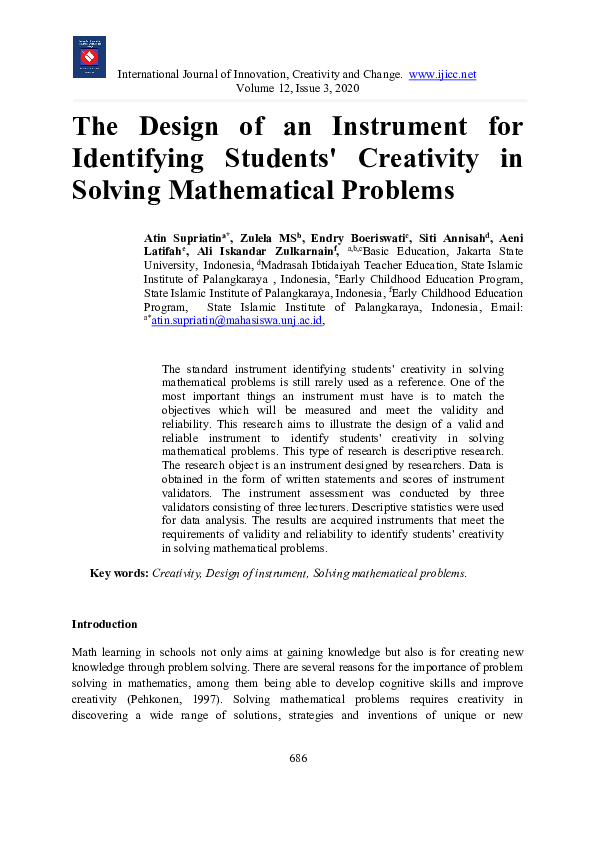(PDF) Design Of Instrument For Identifying Students' Creativity In Solving Mathematical Problems