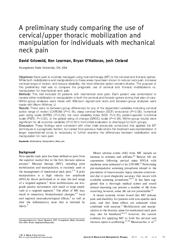 (PDF) A preliminary study comparing the use of cervical/upper thoracic ...