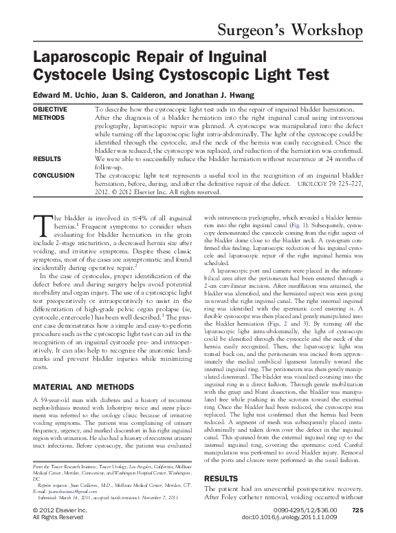 (PDF) Laparoscopic Repair of Inguinal Cystocele Using Cystoscopic Light ...